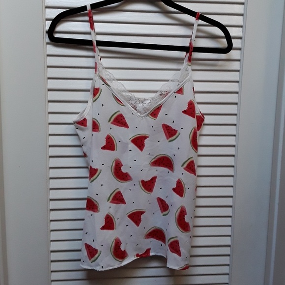 Pink Rose | Tops | Pink Rose Watermelon Print Tank Top V Neck Lace ...